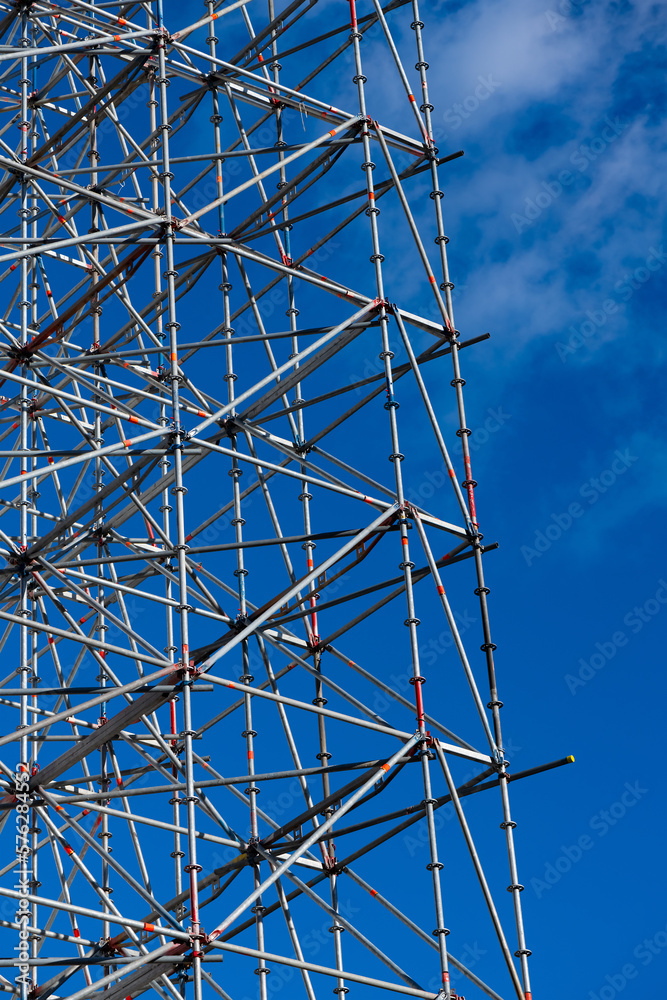 Complex steel structure of a scaffolding with metal nodes, screws and ...