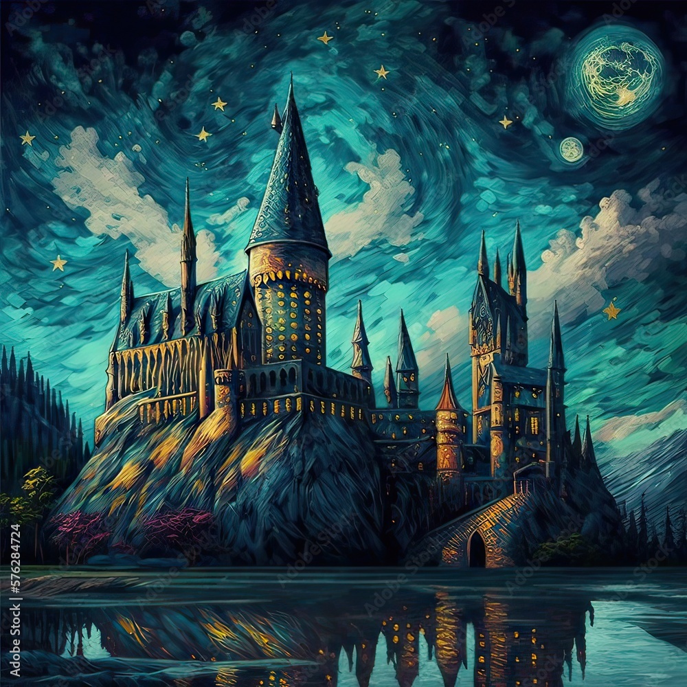 Hogwarts castle at night, realistic looking detailed castle Gogh’s ...
