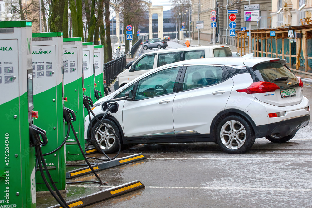 Minsk, Belarus. Feb 2023. Chevrolet Bolt EV charge car battery in ...