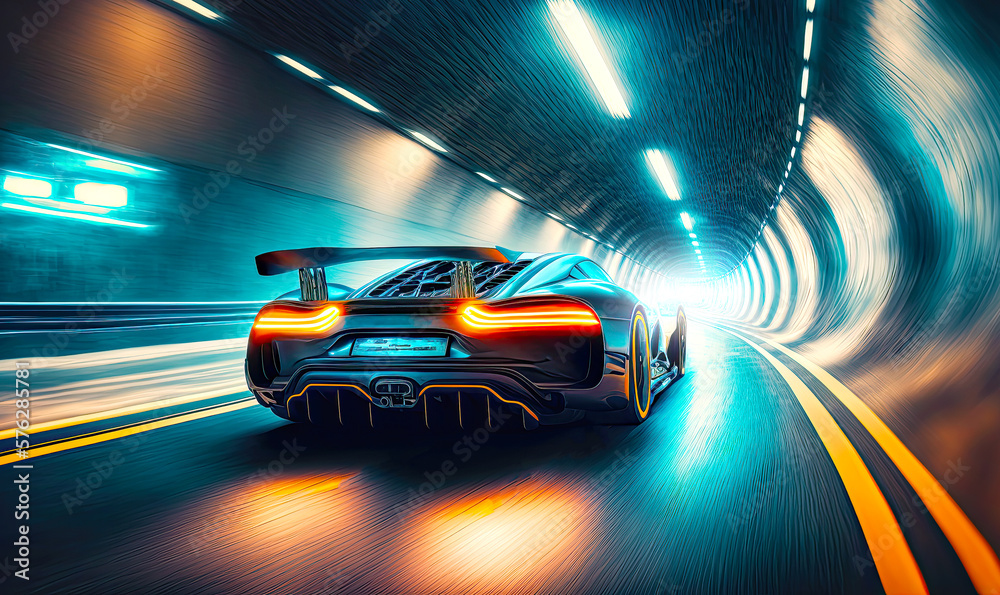Back side of super sport car at fast ride in a tunnel. Postproducted ...