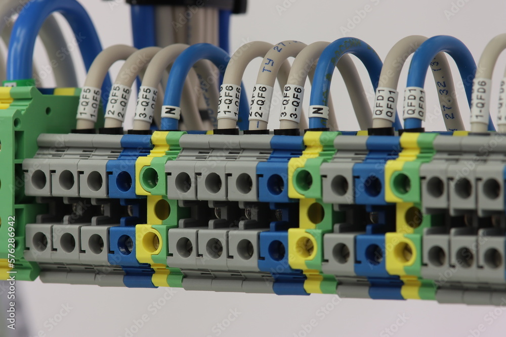 Electrical screw terminals with connected insulated copper wires with ...