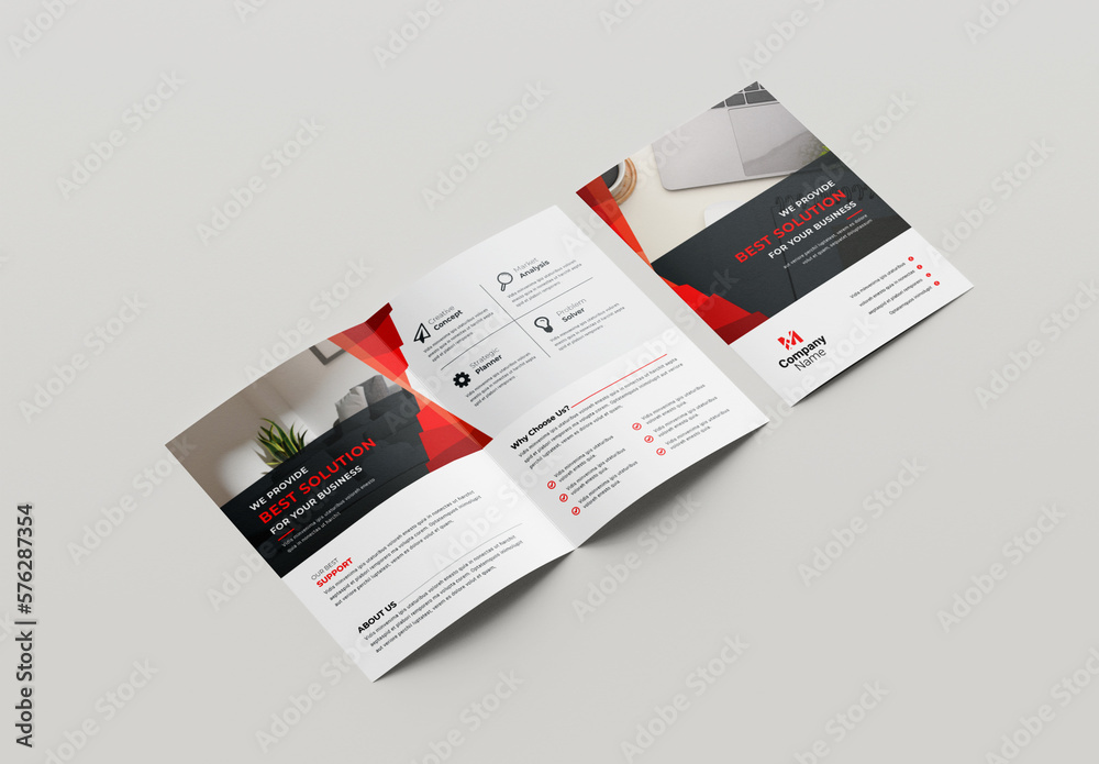 Bifold Brochure Layout with Red Accents Stock Template | Adobe Stock