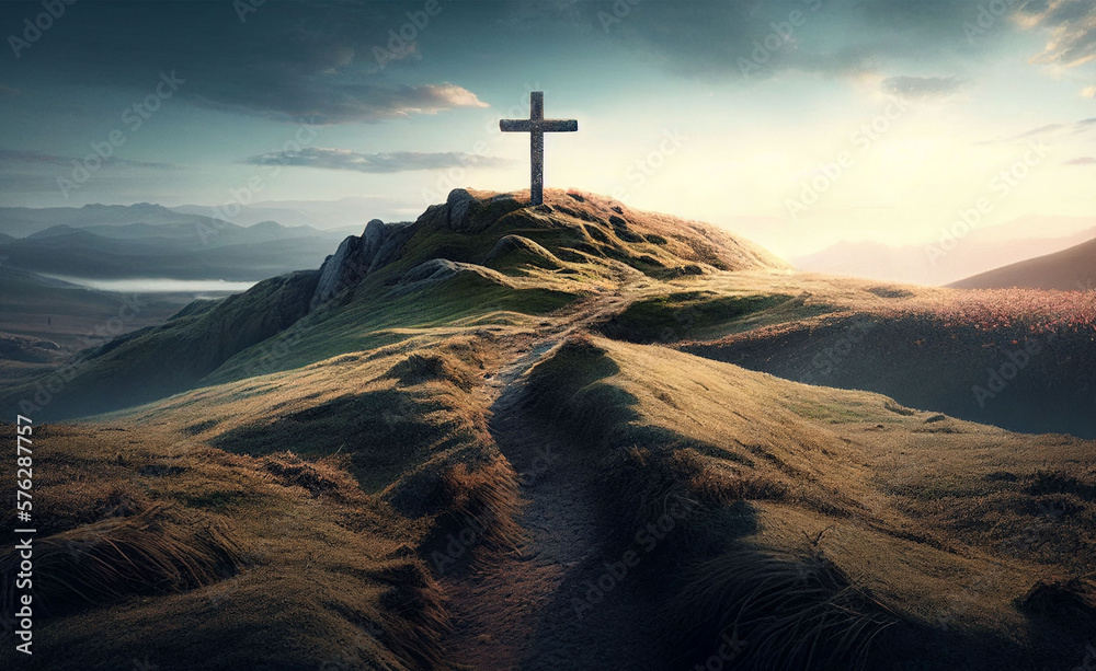 cross on the hill, the path leading to God, Happy easter. Christian ...