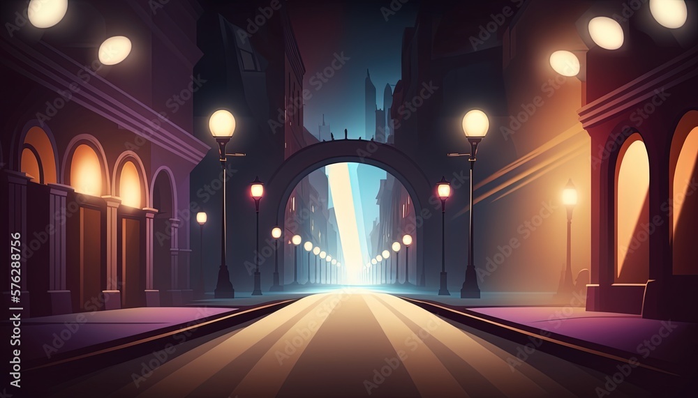 urban modern city street with light burst, mystery night background ...