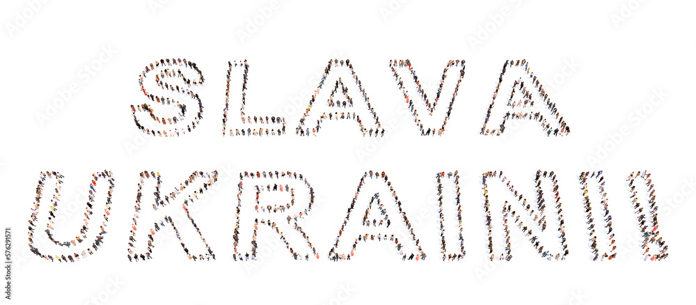 Concept or conceptual large community of people forming SLAVA UKRAINI ...