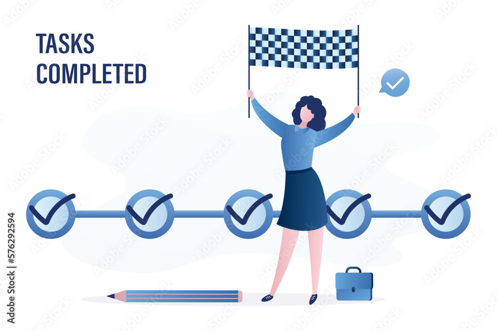 Businesswoman holds finish flag. Checklist with check marks. Concept of ...