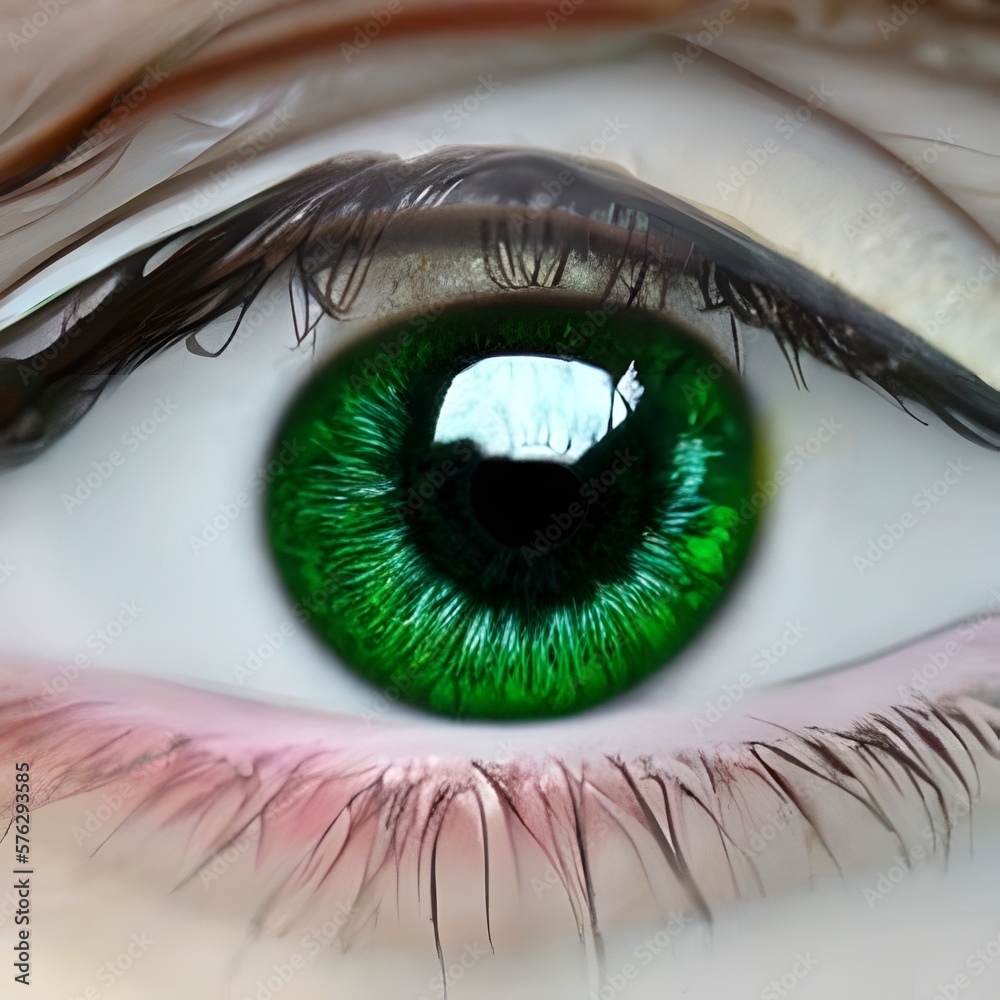 Photorealistic drawing of the human eye with a green iris and ...