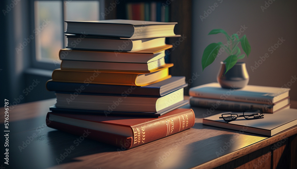 Stack of books with copy space and bokeh background. Education concept ...