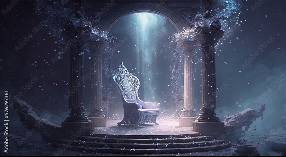 ancient throne under starfield and galaxy sky at night time, dreamy sci ...