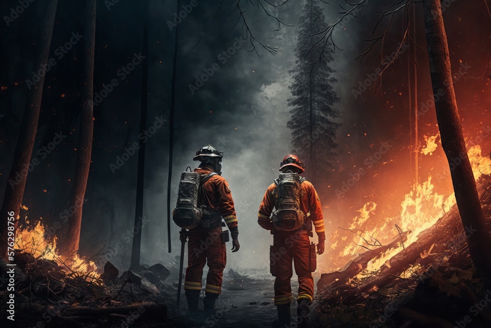 Firefighters fighting a fire in a forest. Firefighters fighting a fire ...