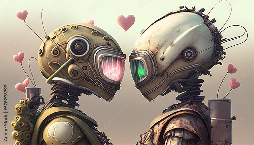 April 13: International kiss day. Two masked lover androids look at ...