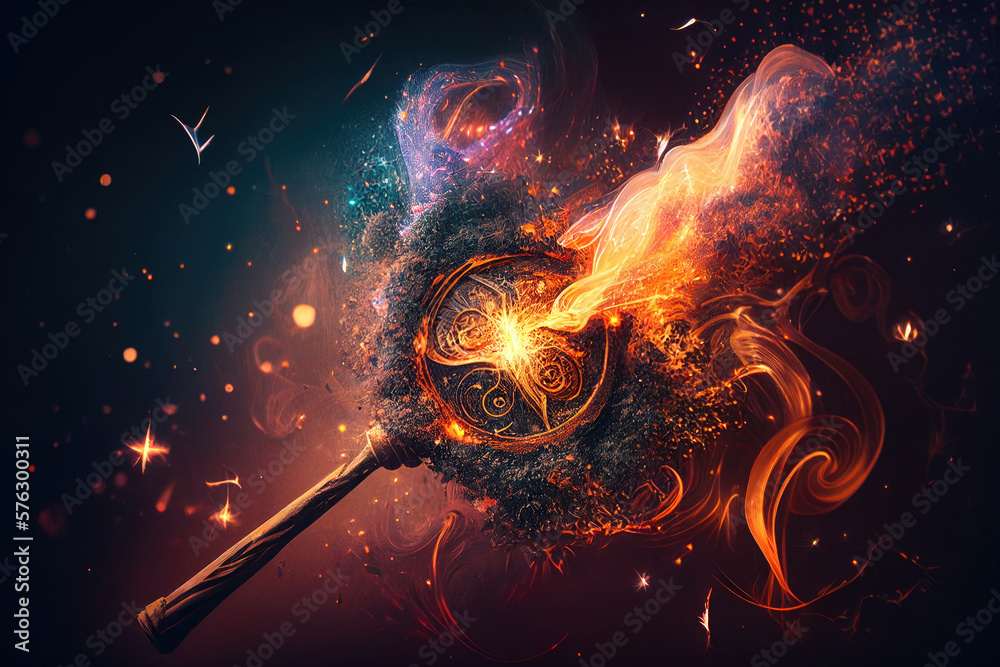 Magic wand in process of casting spell. Magic trace on an abstract dark ...