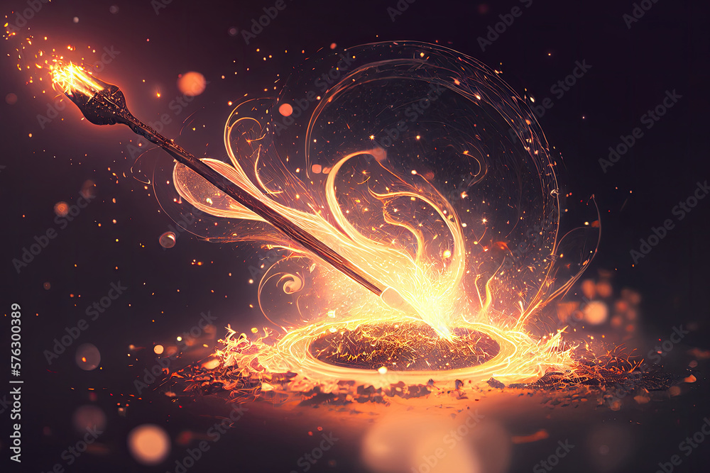 Magic wand in process of casting spell. Magic trace on an abstract dark ...