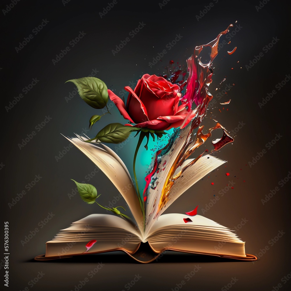 AI generated illustration of an open book with a rose. Book day ...