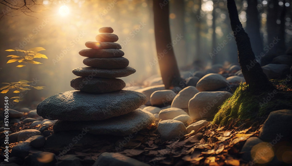 Zen pebbles stand tall in beautifull sunrise light, balanced and ...