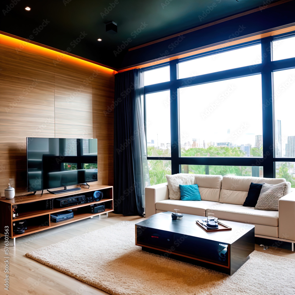 highly detailed futuristic living room with soft lightning, modern living room, hi-tech living ...