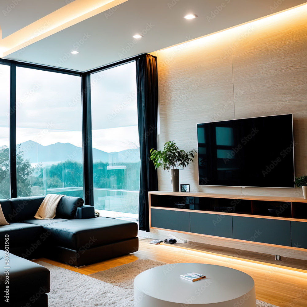 highly detailed futuristic living room with soft lightning, modern ...