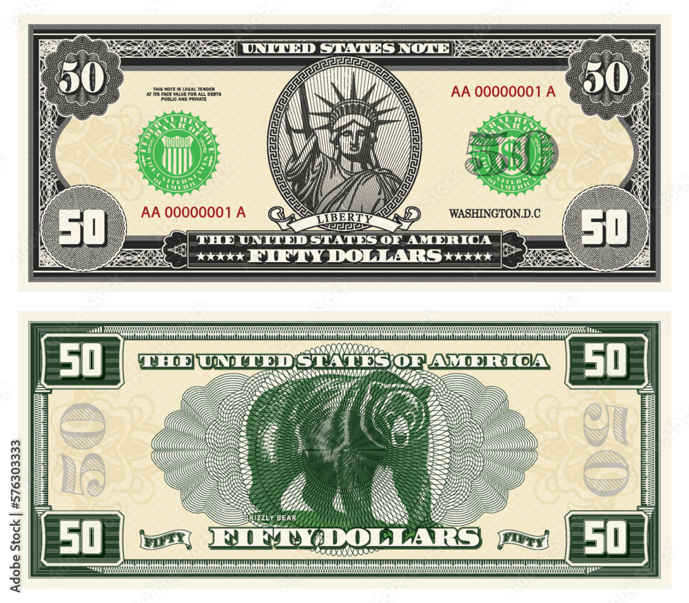 Vector gray banknote obverse and green reverse. Denomination fifty US ...