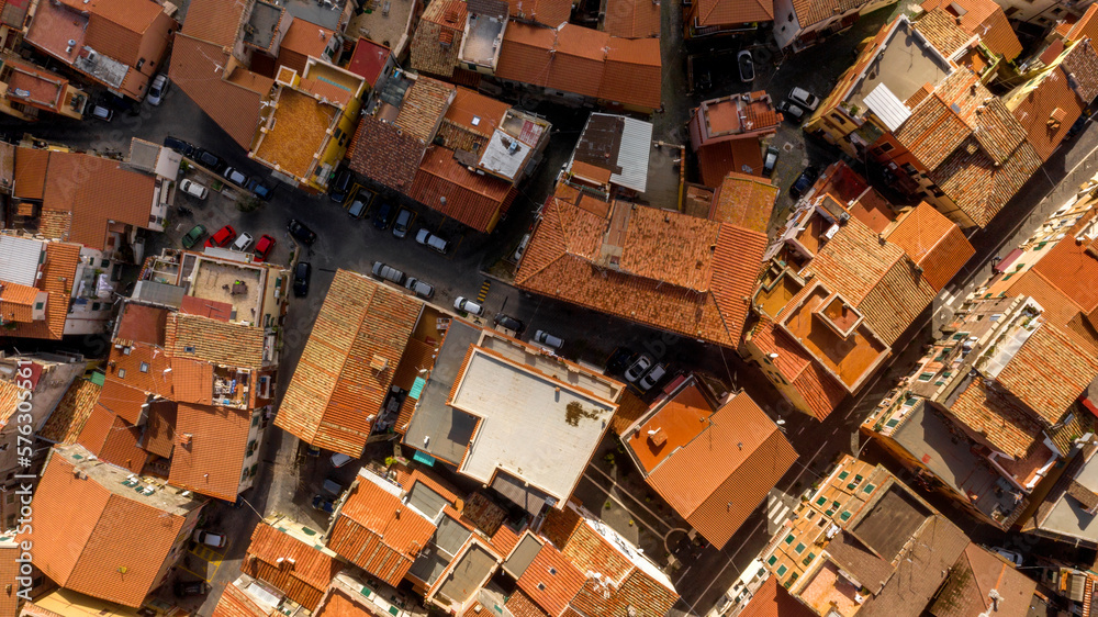 Aerial perpendicular view of the historic center of Ariccia, in the ...