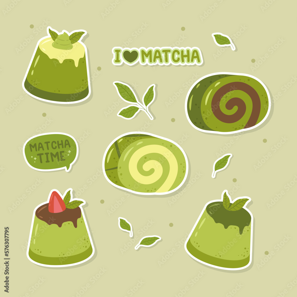 Hand drawn cute matcha green tea snacks sticker set collection vector ...