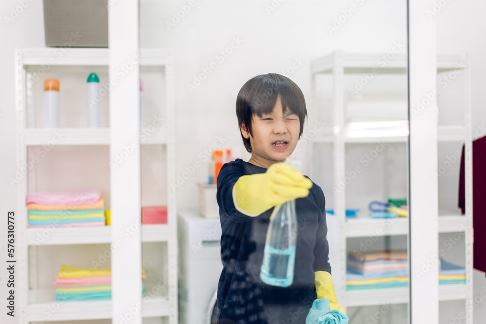 Kid little asian boy son having fun doing household cleaning and ...