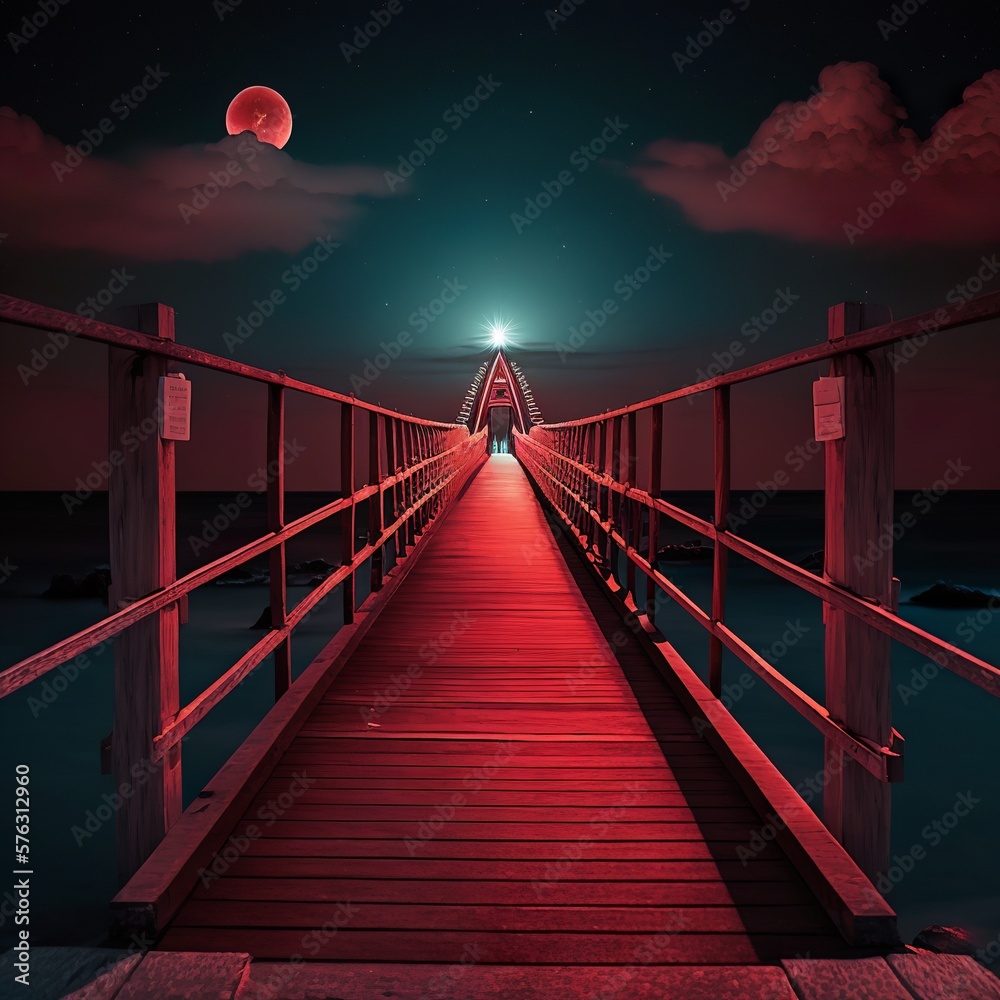 a red-glowing wooden stilt bridge leads to the middle of the sea star ...