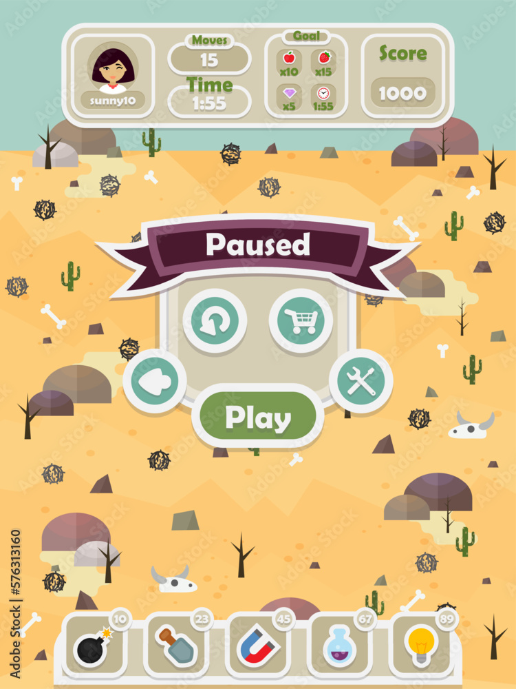 Menu of graphical user interface on screen of 2d mobile game ...