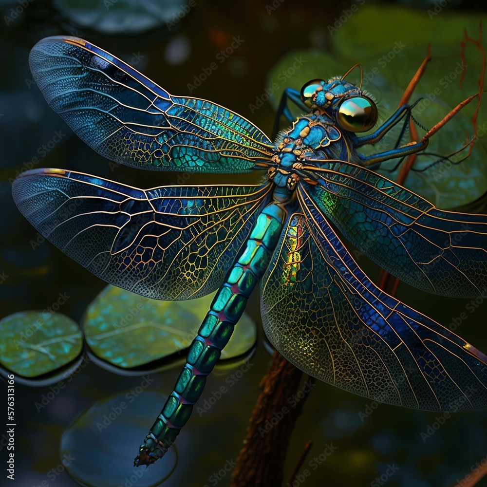 beautiful dragonfly flying over water with open wings macro eyes green ...
