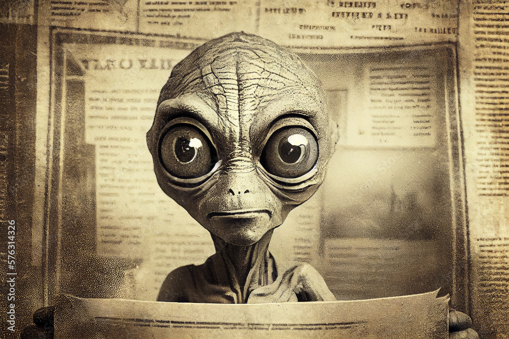Portrait of a humanoid alien in style of vintage newspaper article or ...