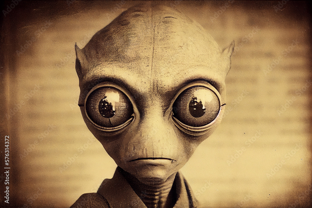 Portrait of a humanoid alien in style of vintage newspaper article or ...