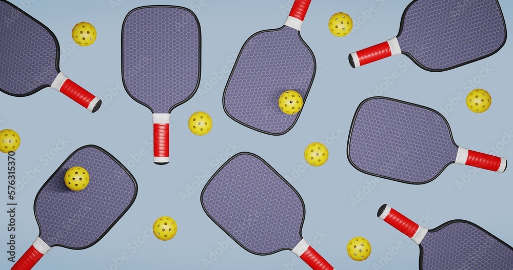 Pickleball many rackets and balls on a blue background. 3D rendering ...