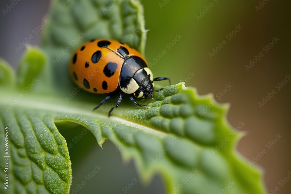 On the leaf of a celery stalk, you can see what appears to be a ladybug ...