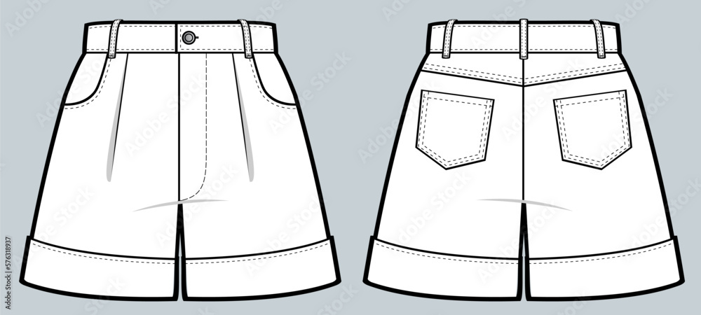 High-waist Shorts fashion flat. boyfriend fit rolled up. Vector ...