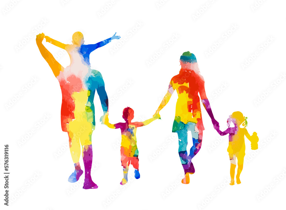 Silhouette of a colorful family holding hands. Watercolor large happy ...