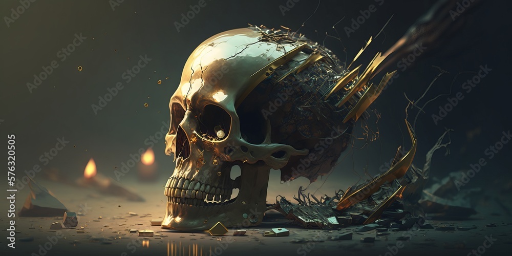 3d skull golden destroyed partially uniform background Generative AI ...