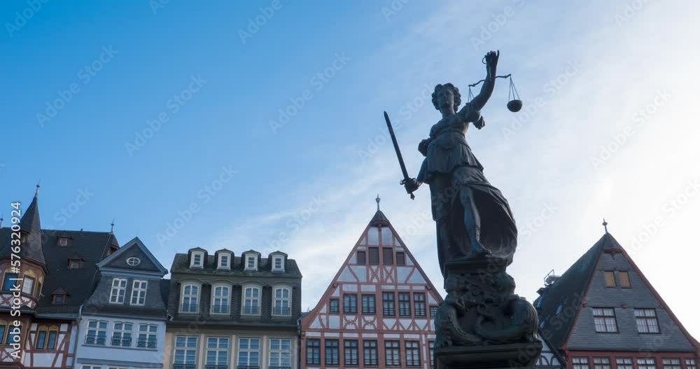 Old town square with Justitia statue in Frankfurt Main, Germany with ...