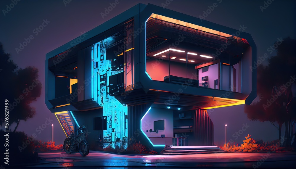 cyberpunk house, modern and futuristic, neon, architecture, buildings ...