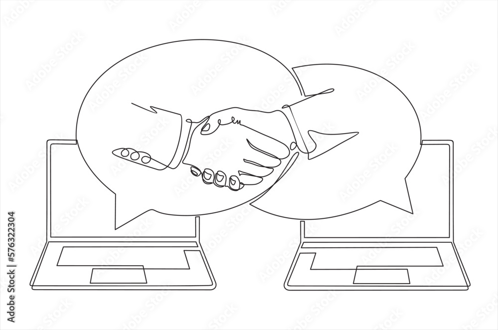 Continuous line drawing of business men shaking hand to deal digital ...