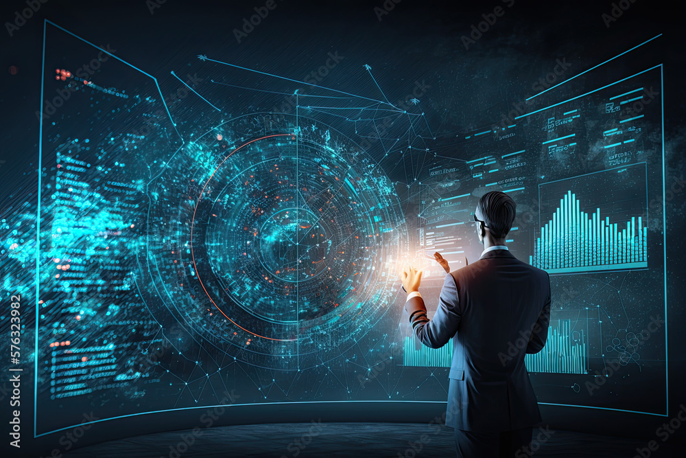 Businessman in suit viewing data visualization on screen, possibly ...