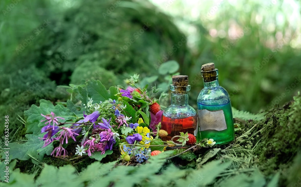 magic bottles, berries and flowers in forest, green natural abstract ...