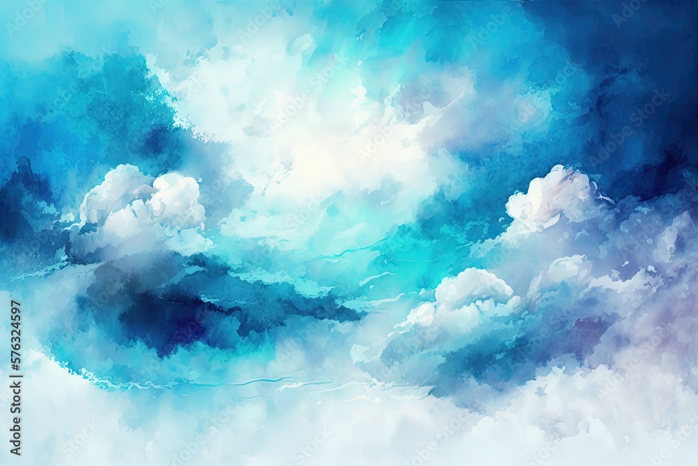 Watercolor background of a hazy, overcast blue sky, featuring a variety ...