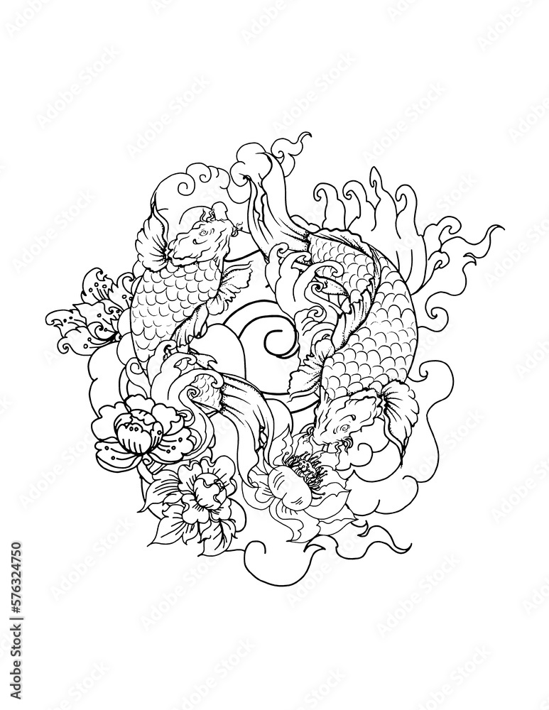 Koi fish with japanese pattern. Black and white vector illustration ...
