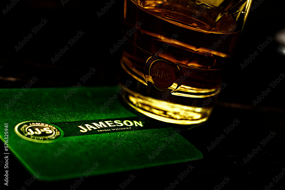 Jameson glass of whiskey (alcoholic beverage, bourbon, liqueur, cognac ...