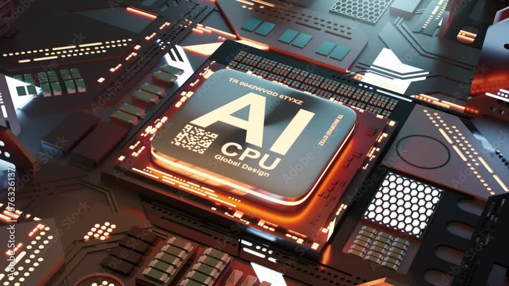 An AI Artificial Intelligence CPU processor on a main board. 3D ...