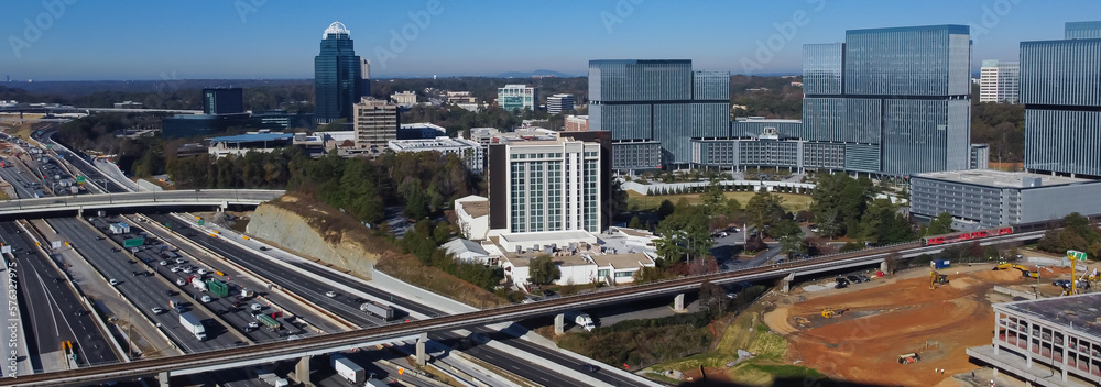 Panorama aerial Skytrain railway, elevated bypass, busy traffic on ...