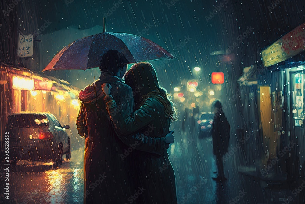 a korean couple hug ,drama night raining scene, under the umbrella ...