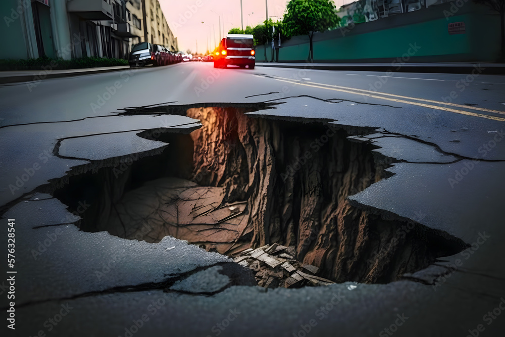 Huge sinkhole on busy asphalt road surface on which cars drive ...