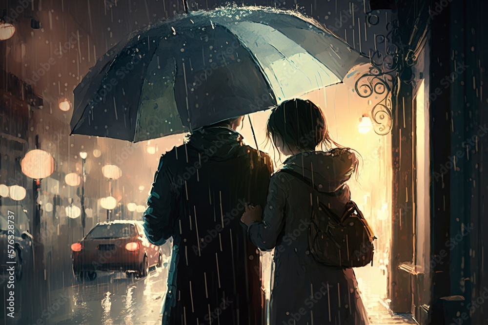 a korean couple hug ,drama night raining scene, under the umbrella ...