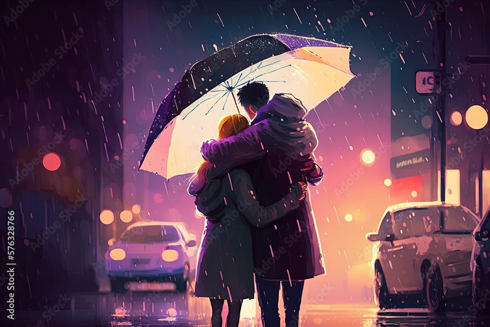 a korean couple hug ,drama night raining scene, under the umbrella ...