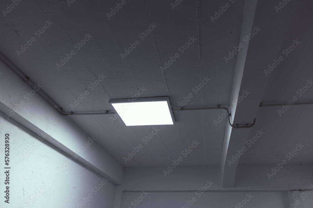 Hanging LED lights on a ceiling in an office building Stock Photo ...